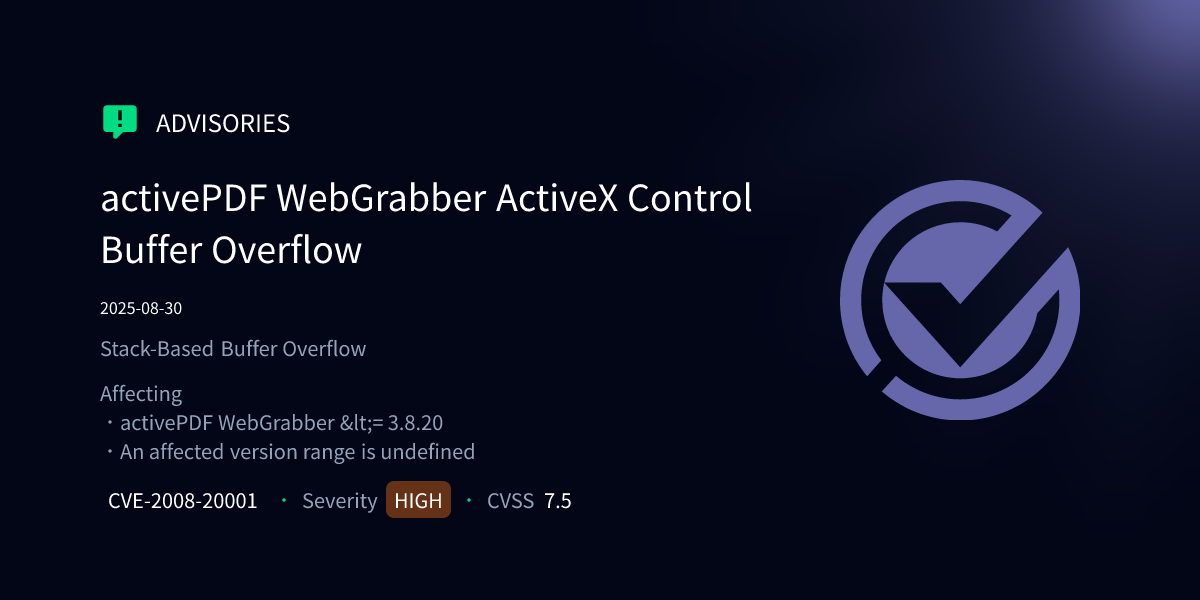 activePDF WebGrabber ActiveX Control Buffer Overflow | Advisories | VulnCheck