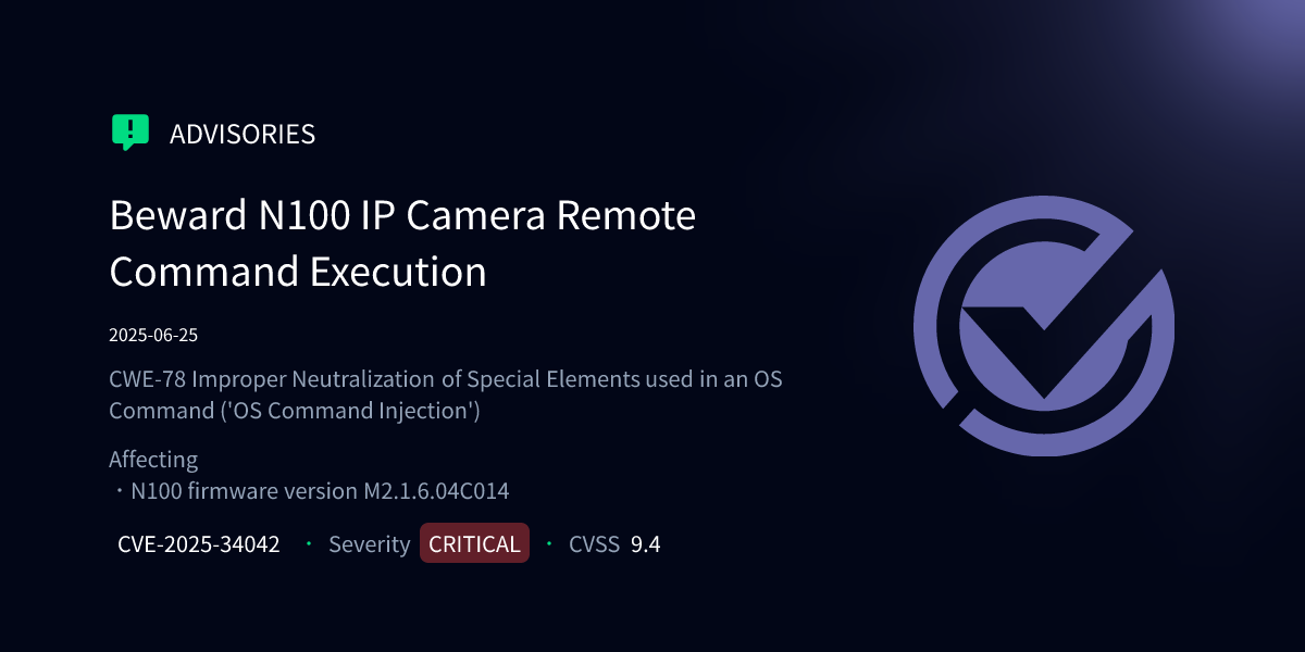 Beward N100 IP Camera Remote Command Execution | Advisories | VulnCheck