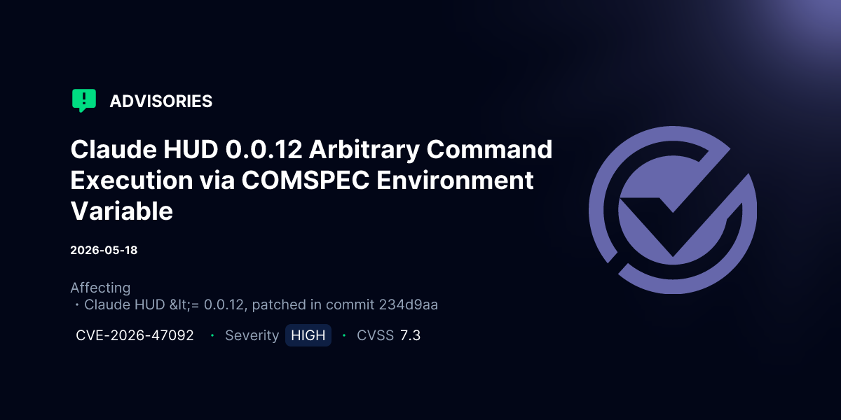 Claude HUD 0.0.12 Arbitrary Command Execution via COMSPEC Environment ...