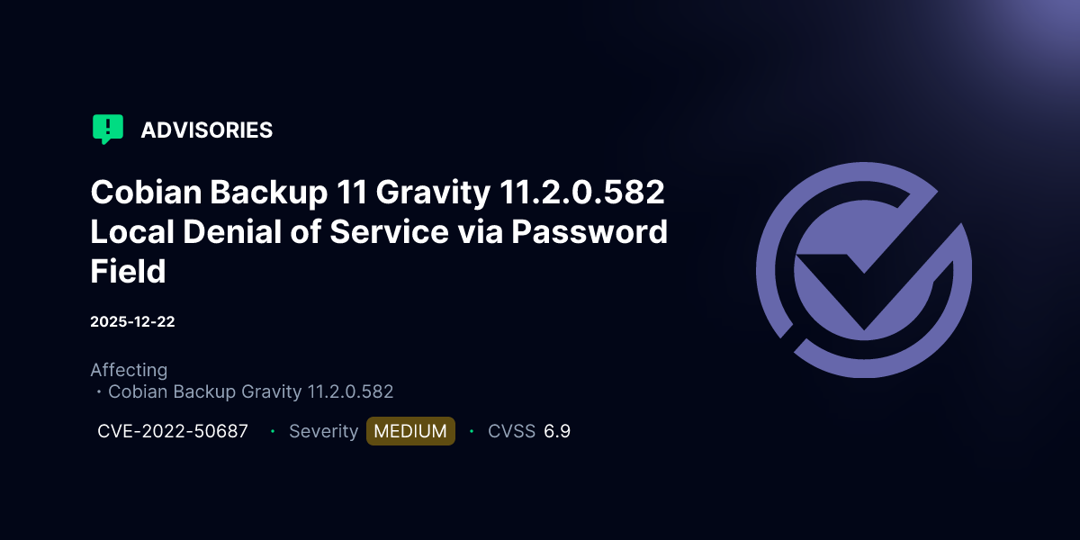 Cobian Backup 11 Gravity 11.2.0.582 Local Denial of Service via ...