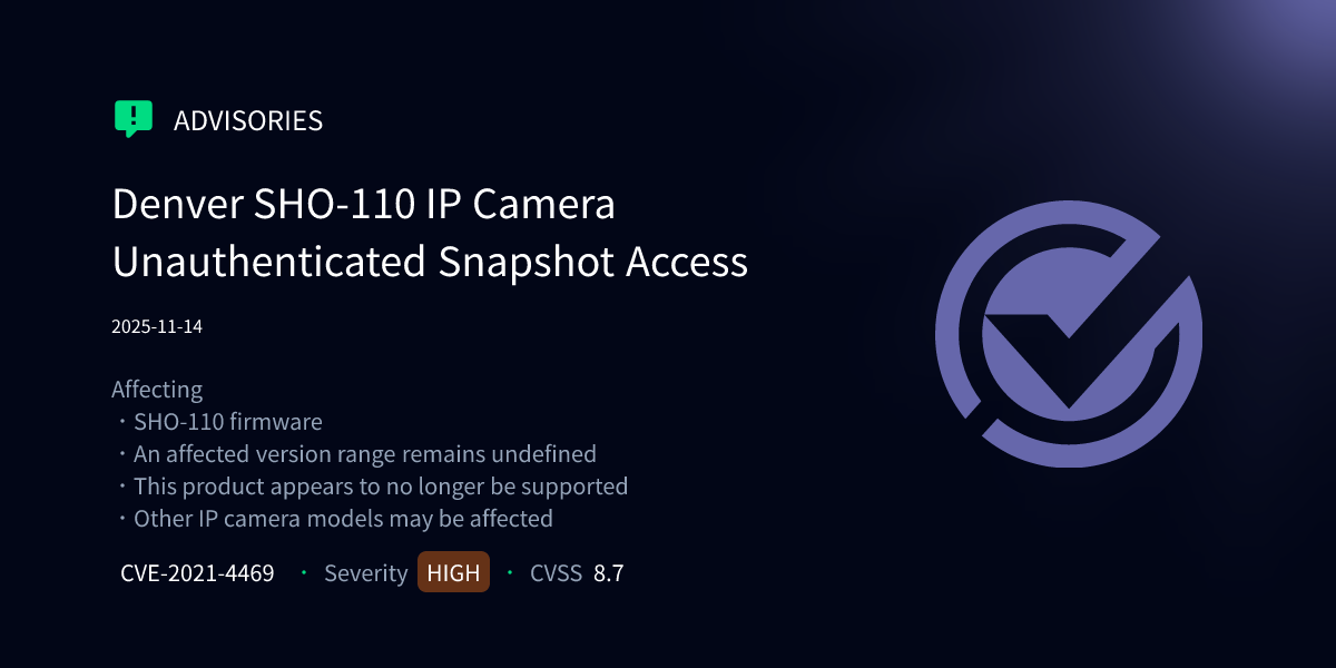 Denver SHO-110 IP Camera Unauthenticated Snapshot Access | Advisories ...