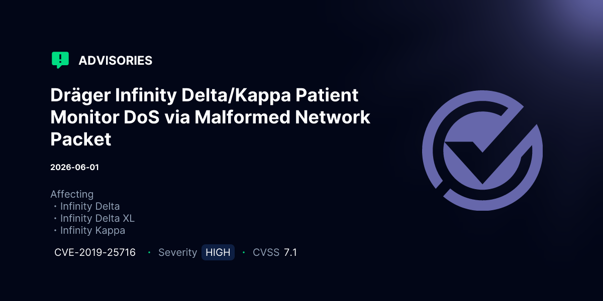 Dräger Infinity Delta/Kappa Patient Monitor DoS via Malformed Network ...