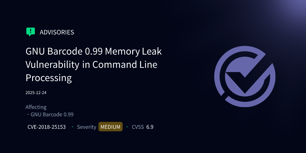 GNU Barcode 0.99 Memory Leak Vulnerability in Command Line Processing ...