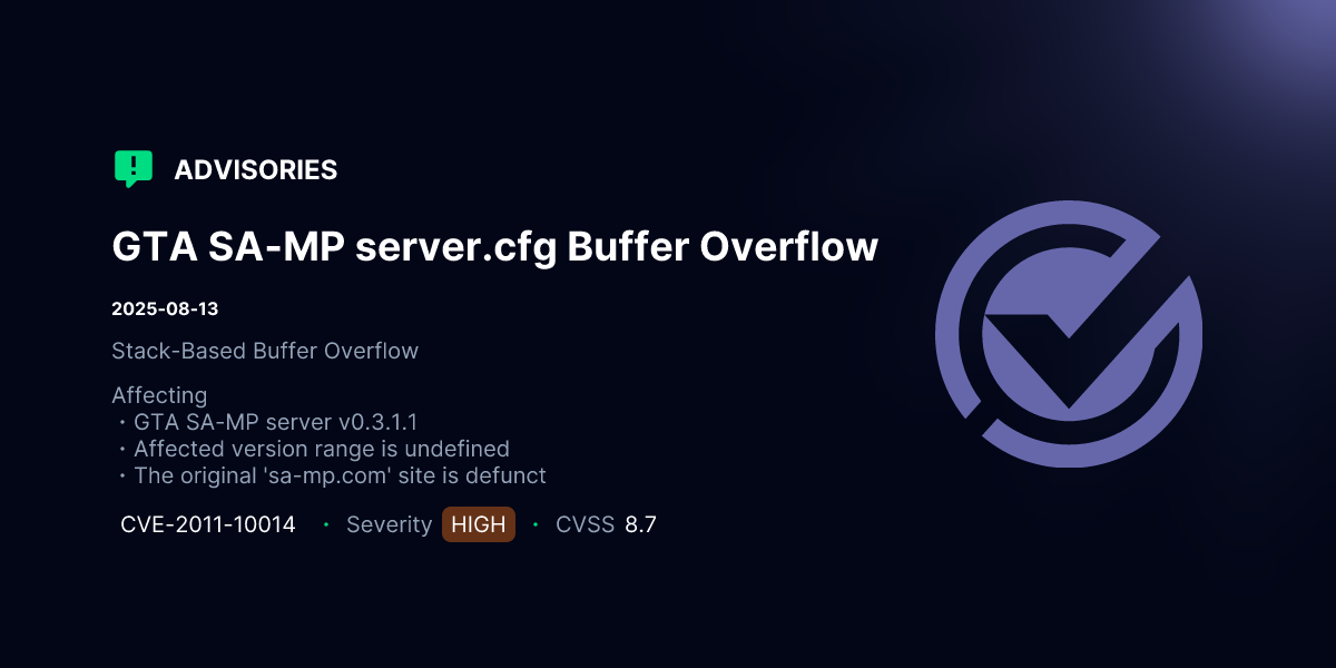 GTA SA-MP server.cfg Buffer Overflow | Advisories | VulnCheck