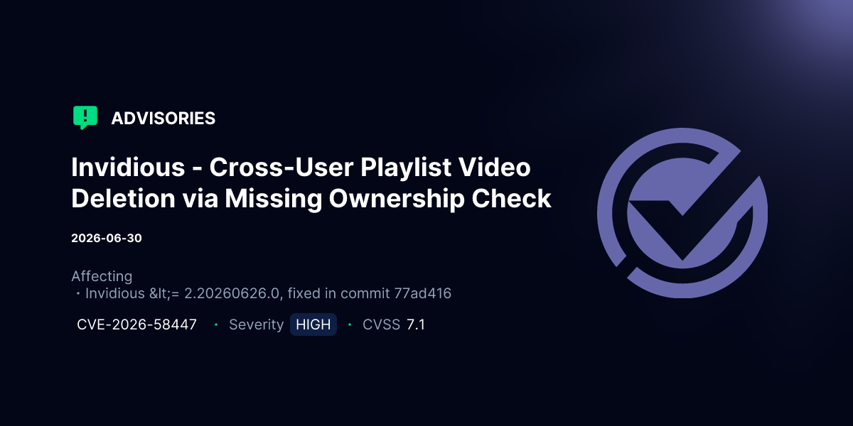 Invidious - Cross-User Playlist Video Deletion via Missing Ownership ...