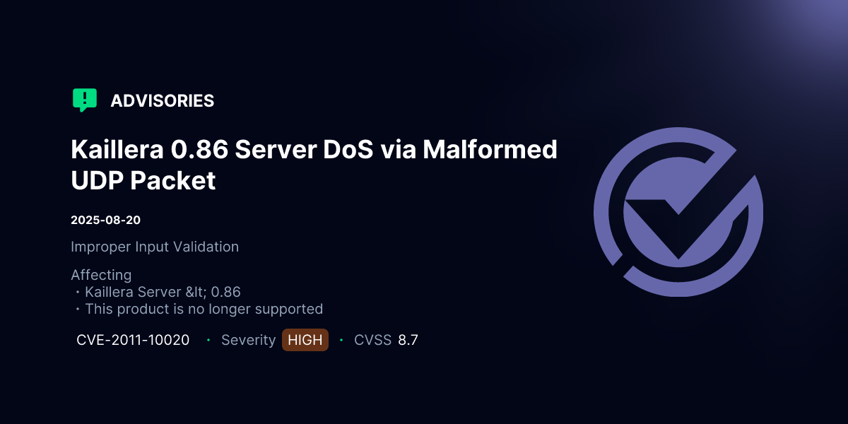 Kaillera 0.86 Server DoS via Malformed UDP Packet | Advisories | VulnCheck