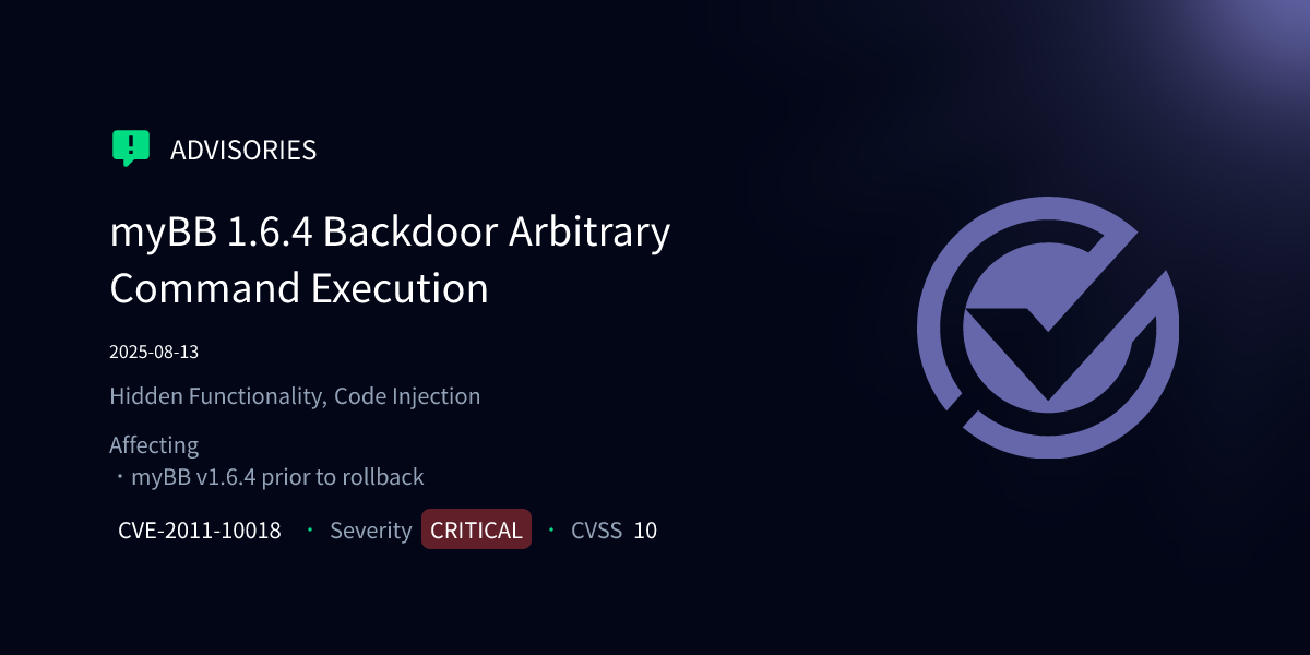 myBB 1.6.4 Backdoor Arbitrary Command Execution | Advisories | VulnCheck