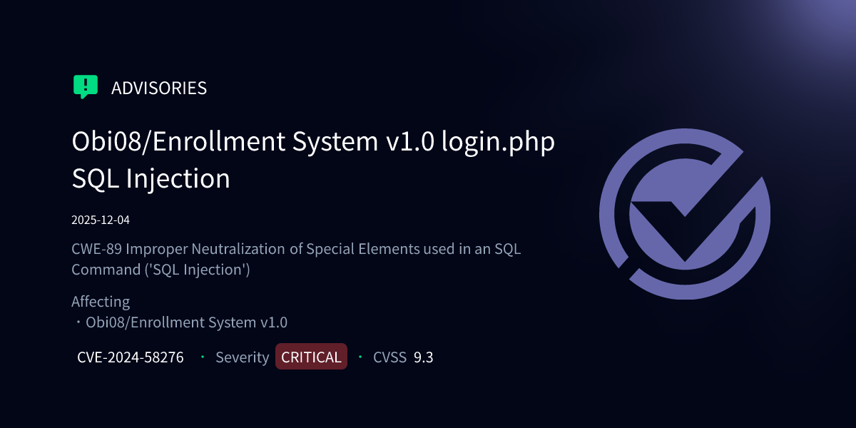 Obi08/Enrollment System v1.0 login.php SQL Injection | Advisories ...