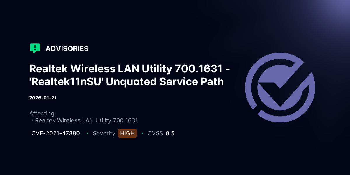 Realtek Wireless LAN Utility 700.1631 - 'Realtek11nSU' Unquoted Service ...