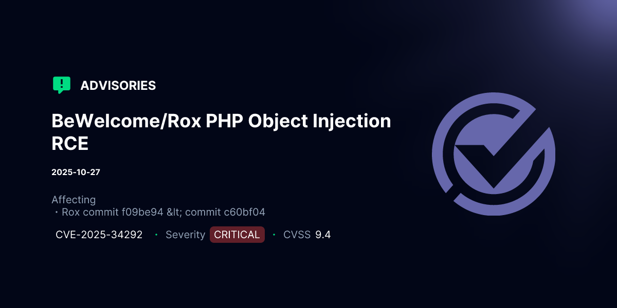BeWelcome/Rox PHP Object Injection RCE | Advisories | VulnCheck