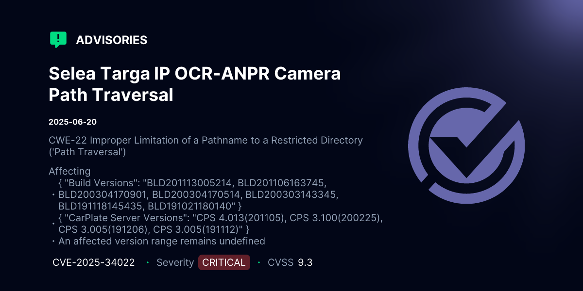 Selea Targa IP OCR-ANPR Camera Path Traversal | Advisories | VulnCheck
