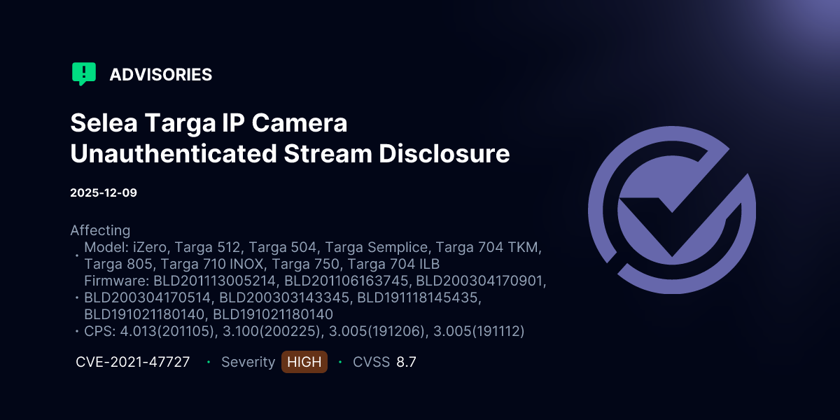 Selea Targa IP Camera Unauthenticated Stream Disclosure | Advisories ...