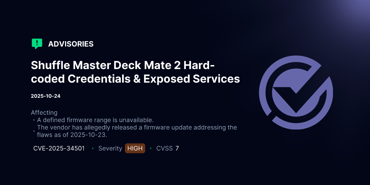 Shuffle Master Deck Mate 2 Hard-coded Credentials & Exposed Services ...
