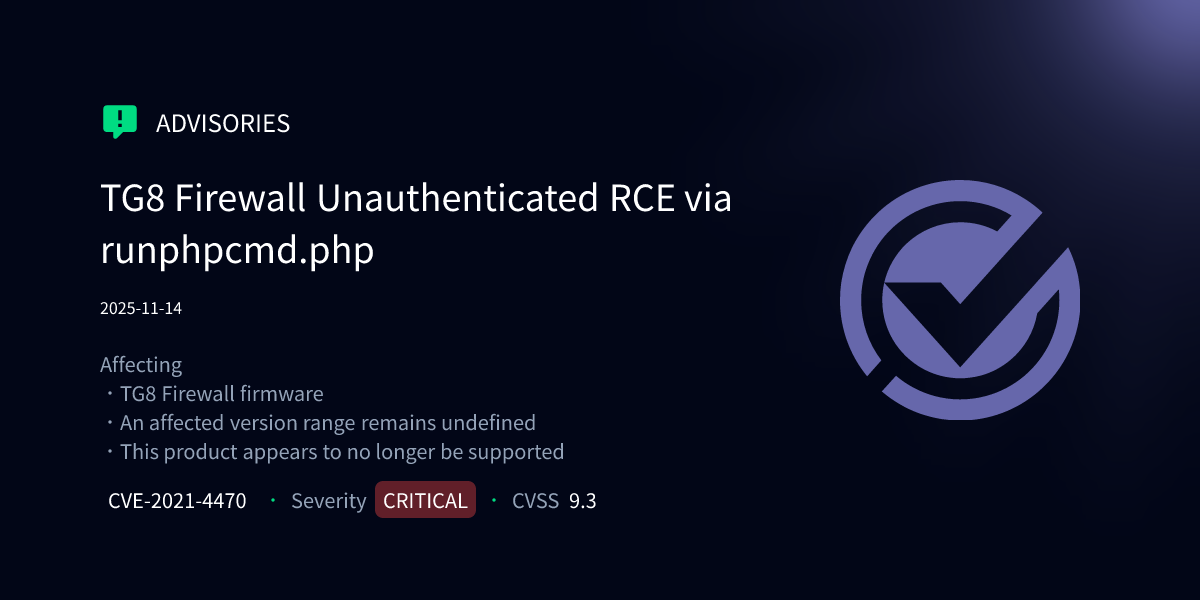 TG8 Firewall Unauthenticated RCE via runphpcmd.php | Advisories | VulnCheck