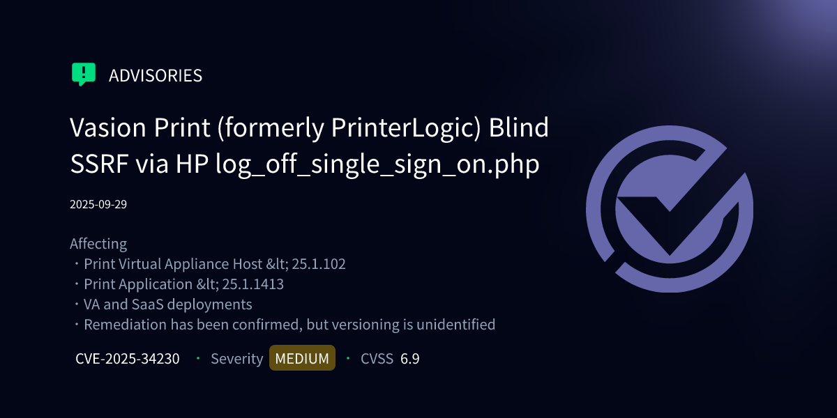 Vasion Print (formerly PrinterLogic) Blind SSRF via HP log_off_single_sign_on.php | Advisories ...