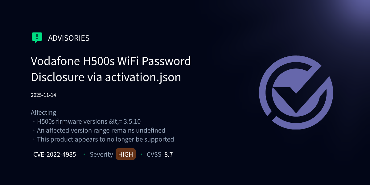 Vodafone H500s WiFi Password Disclosure via activation.json ...