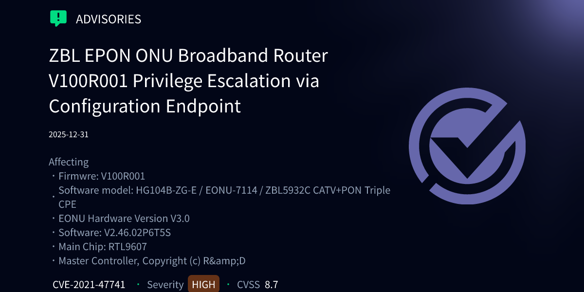 ZBL EPON ONU Broadband Router V100R001 Privilege Escalation via ...